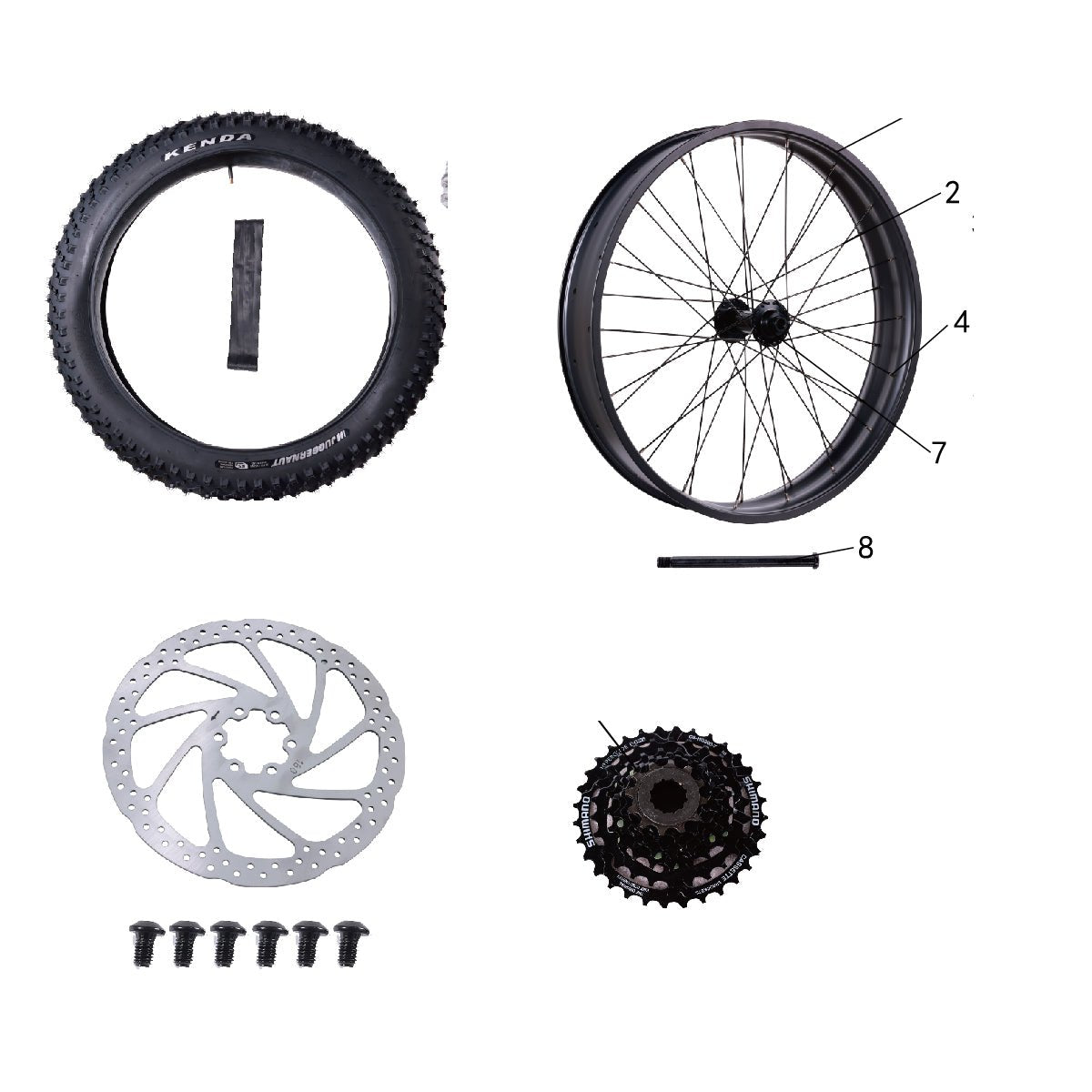 Rear Wheel Assembly with tire, tube, rim strip, freewheel and rotor as